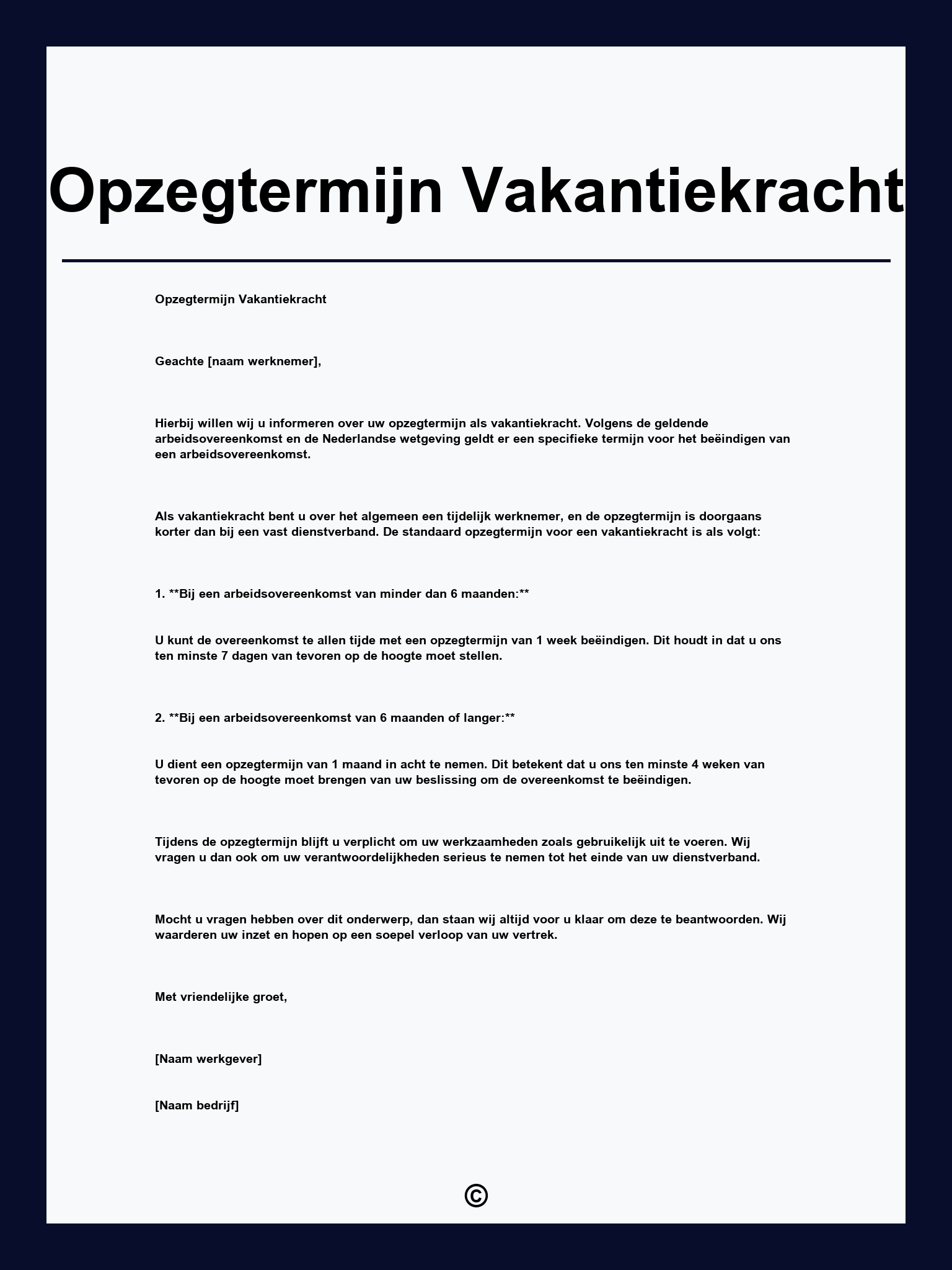 Opzegtermijn Vakantiekracht - Voorbeeld
